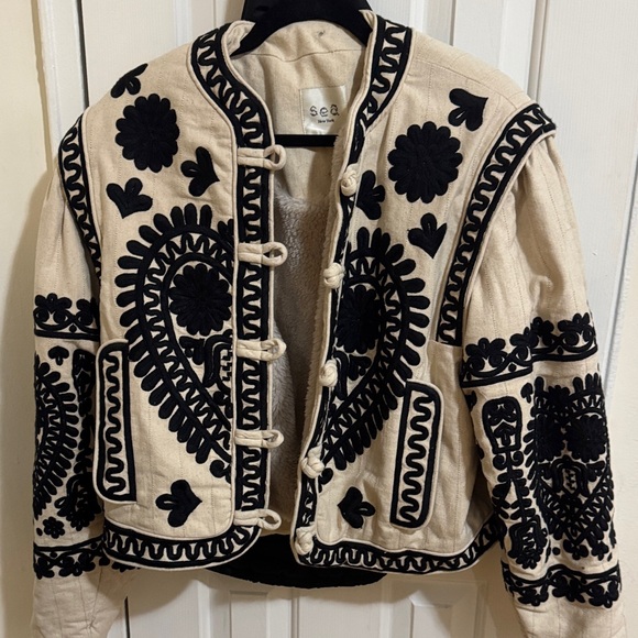 Sea | Jackets & Coats | Sea Black And Cream Embroidered Bomber Jacket ...